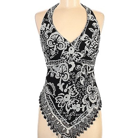 Cache | Tops | Cach Black White Floral Handkerchief Halter Top Beaded ...